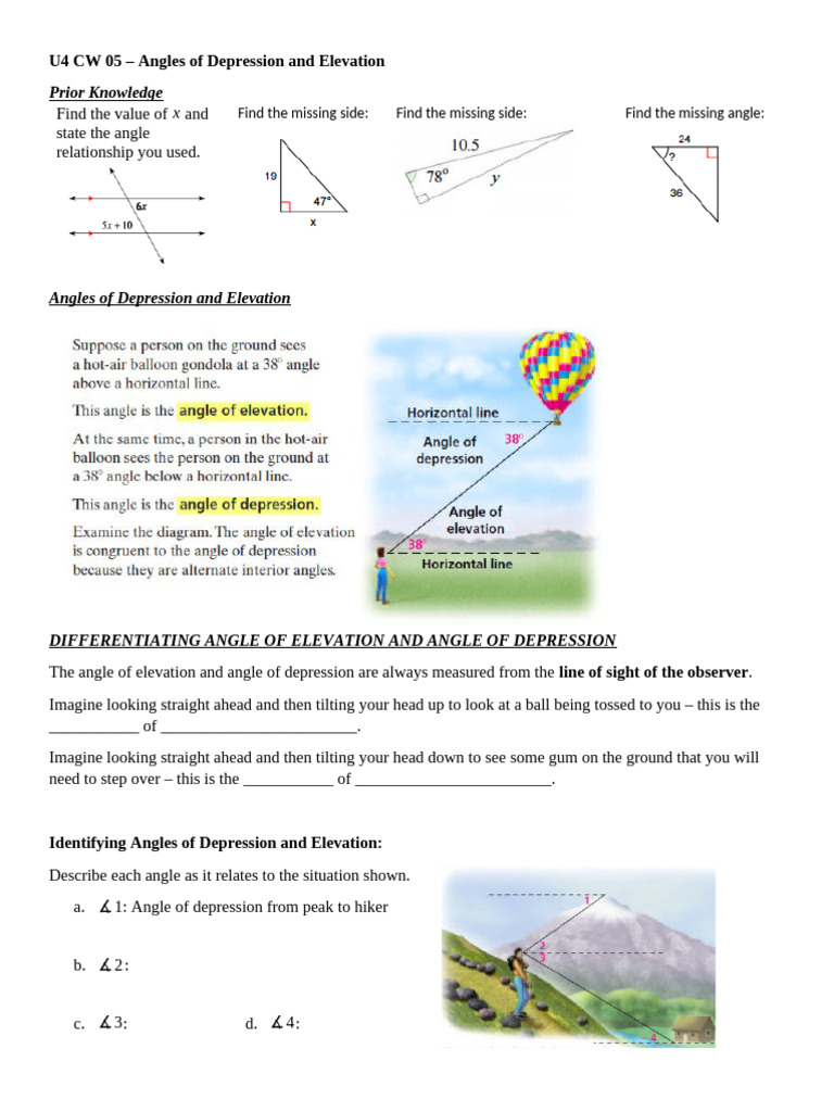 4.05 CW-HW Angles of Elevation and Depression | PDF | Angle | Ladder