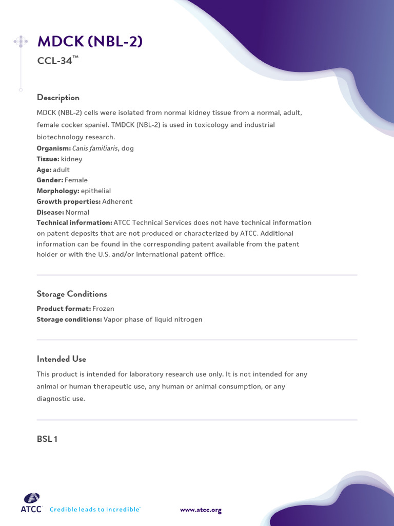 Ccl-34 Product Sheet - Mdck (Nbl-2) | PDF | Atcc (Company) | Cell Culture