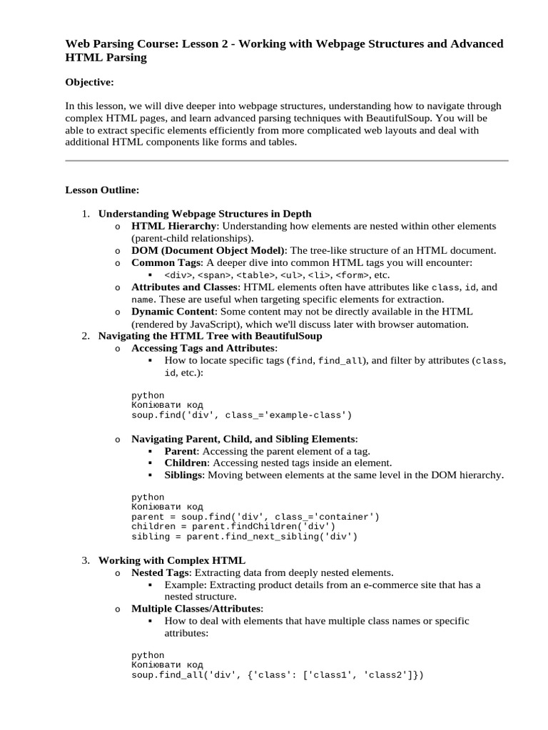 Webscraping Lessons 2 Pdf Document Object Model Html Element