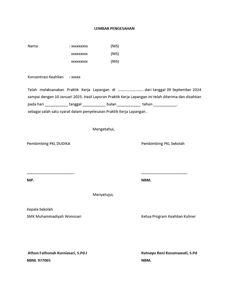 Contoh Lembar Pengesahan PKL | PDF