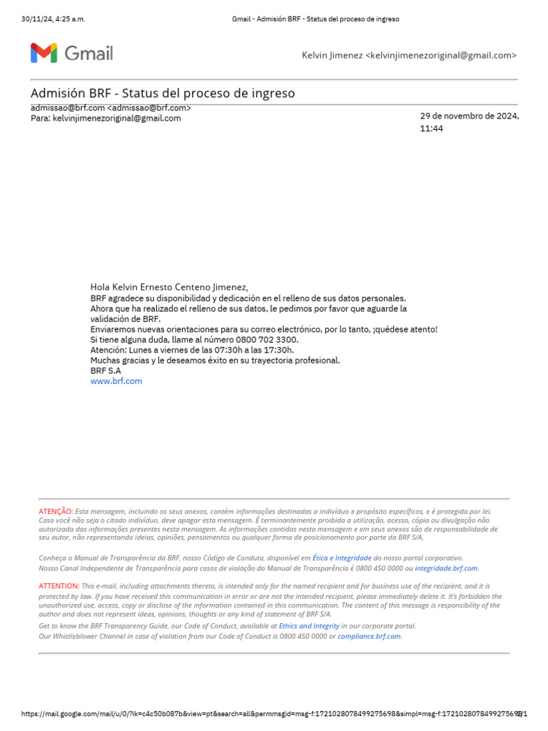 Status de Admissão na BRF | PDF