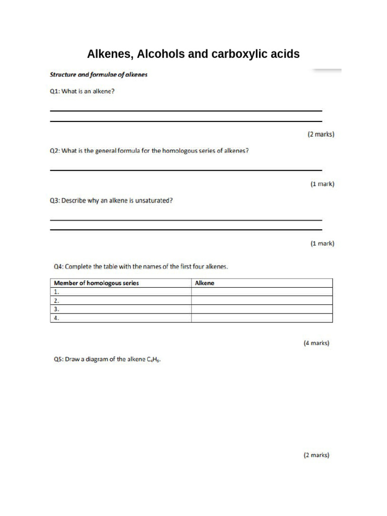 Alkenes, Alcohols and Carboxylic Acids Que | PDF