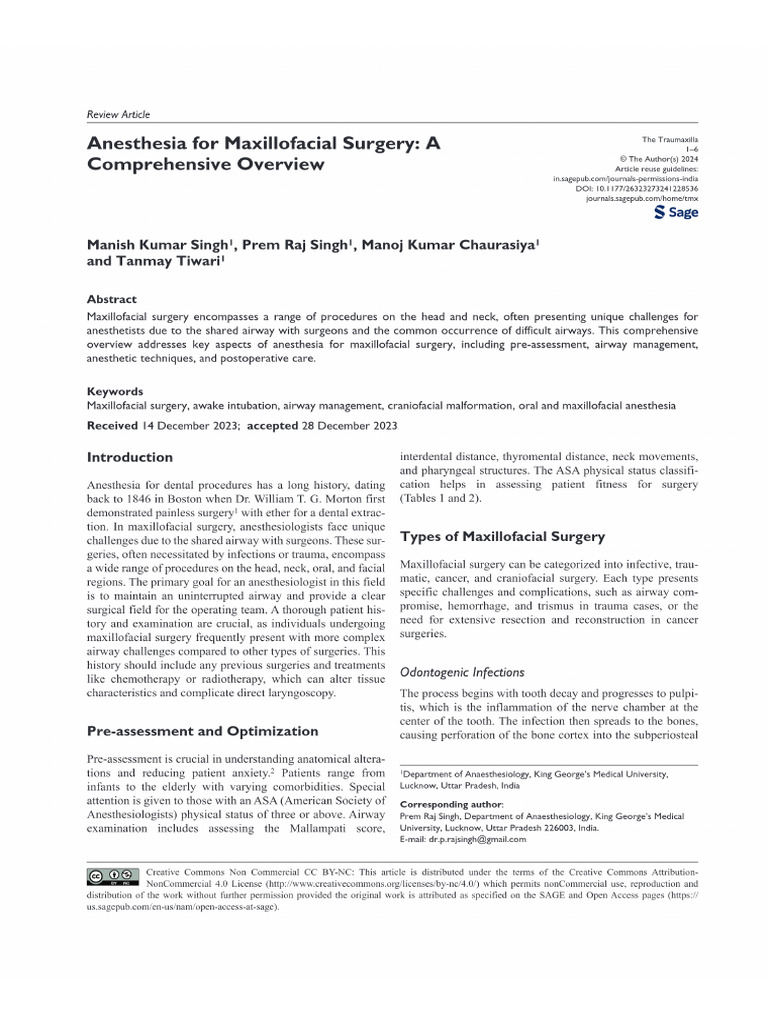 Anesthesia For Maxillofacial Surgery - A Comprehensive Overview | PDF