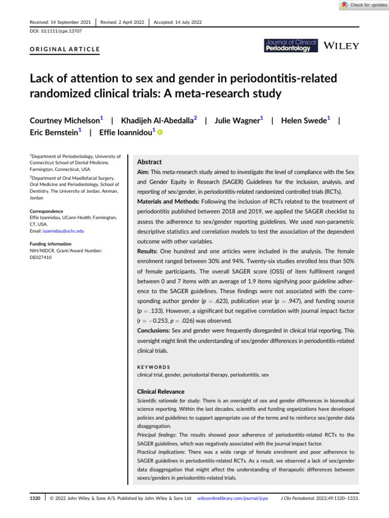 J Clinic Periodontology - 2022 - Michelson - Lack of Attention To Sex ...