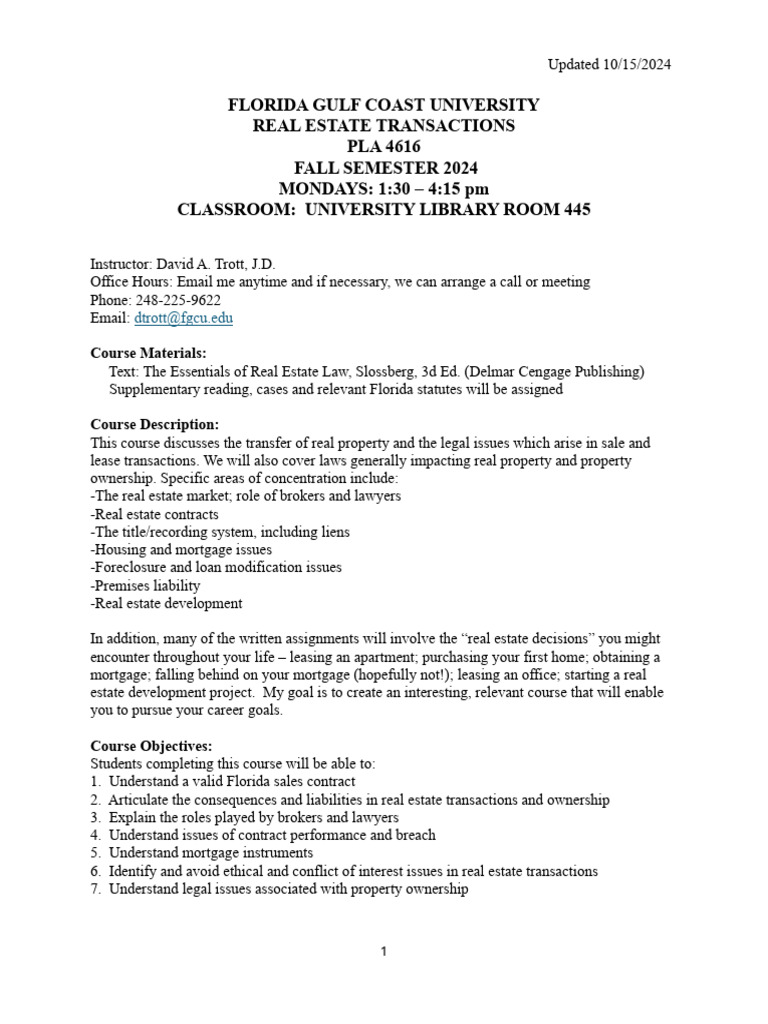 FGCU - Real Estate Transactions - Syllabus & Assignments - Fall 2024 (10-15-2024) | PDF ...