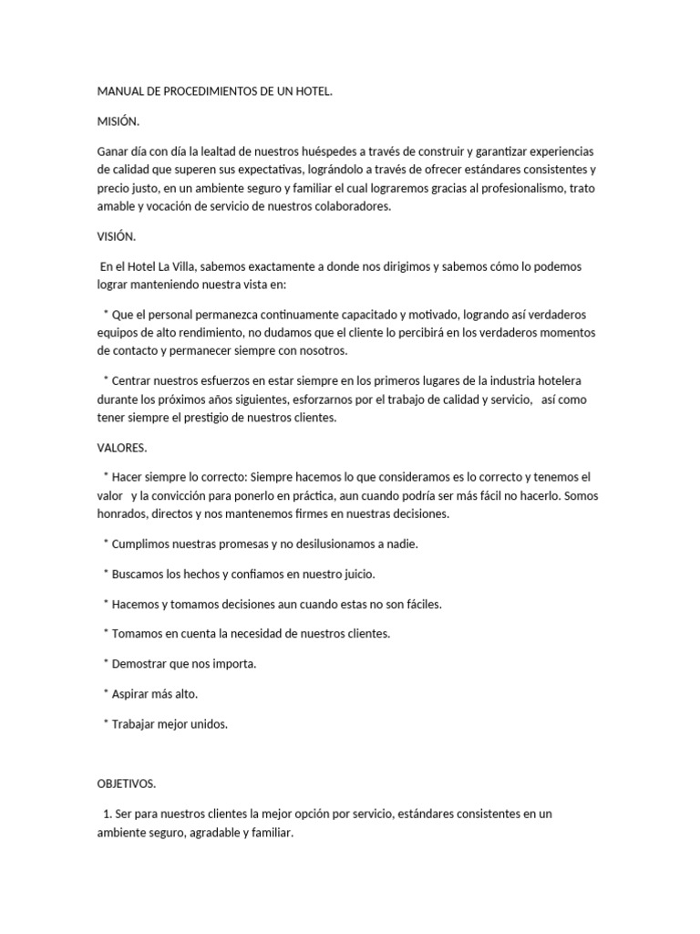 Manual de Procedimientos Hoteleros | PDF | Hotel | Autoestima