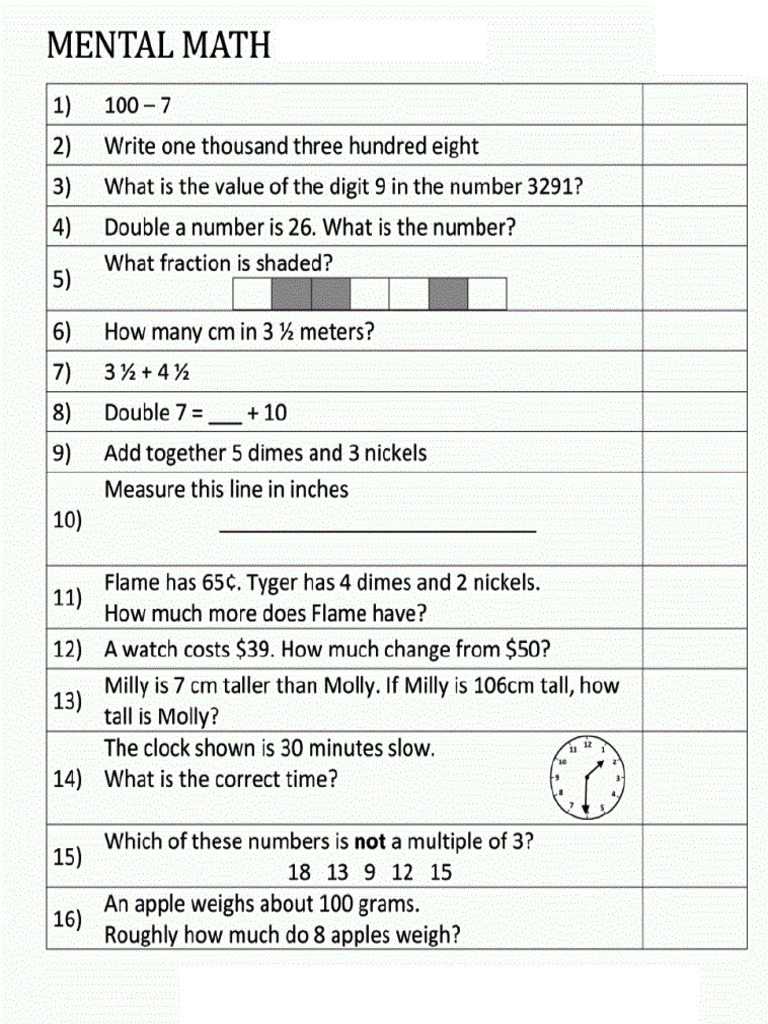 Mental Math Worksheet 7 | PDF
