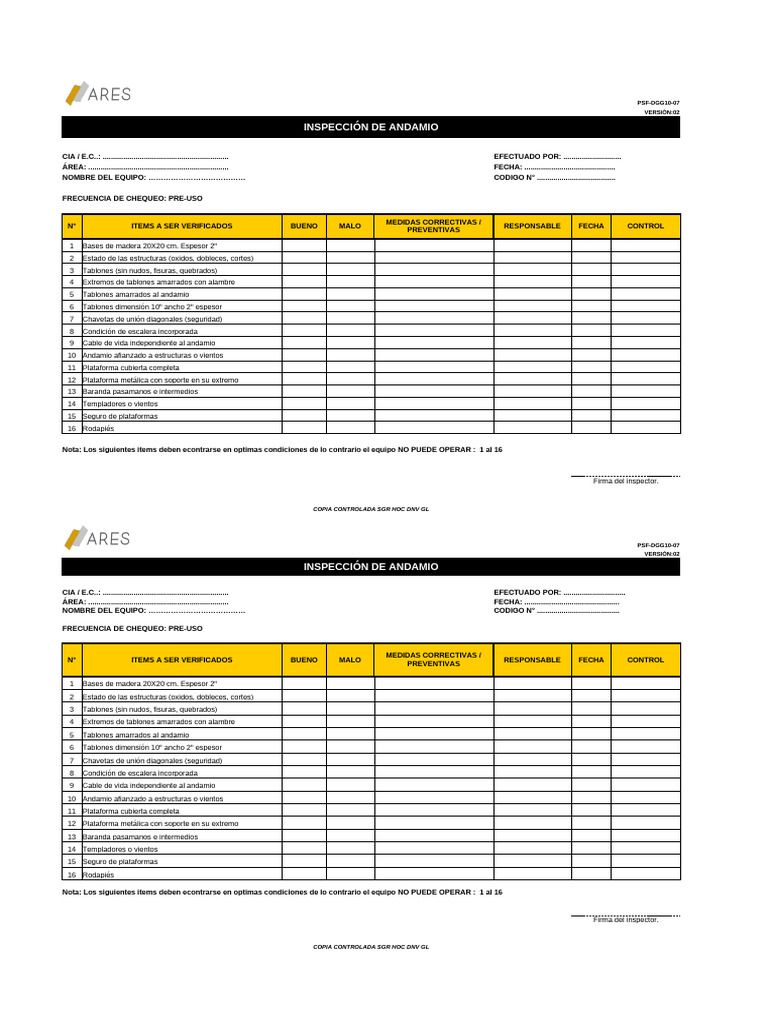 Inspección de Andamios: Checklist Preuso | PDF