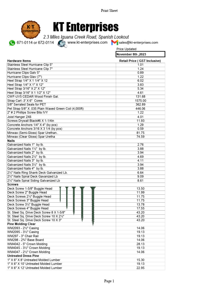 KT ENTERPRISES LUMBER PRICE LIST | PDF | Plywood | Lumber