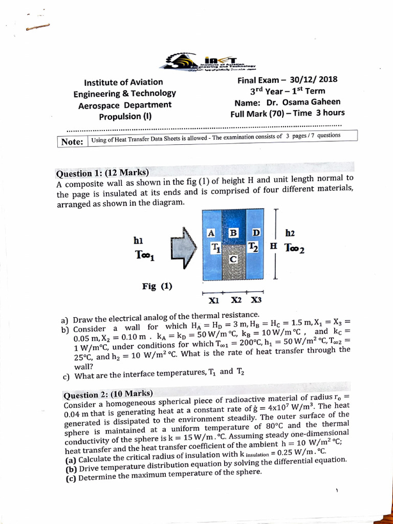 2018 exam | PDF | Heat Transfer | Sphere