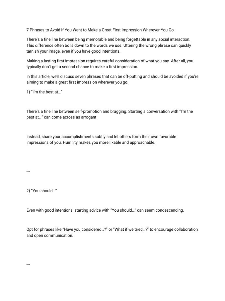 7 Phrases to Avoid for First Impressions | PDF | Human Communication ...