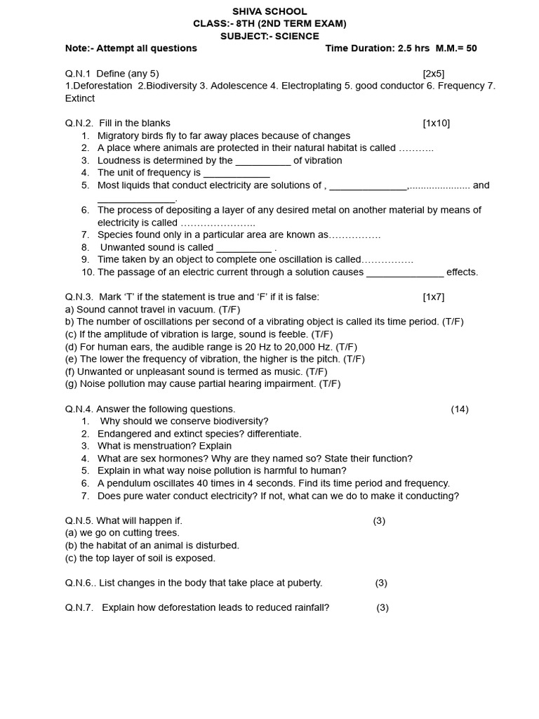 Class 8th Science Second Term Exam (2024) | PDF | Sound | Frequency