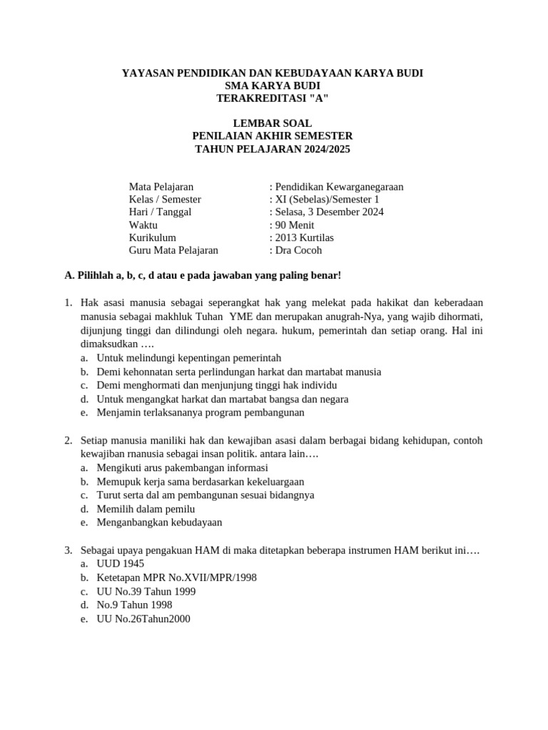 Soal PSAS PPKN Kelas XI 2024 | PDF