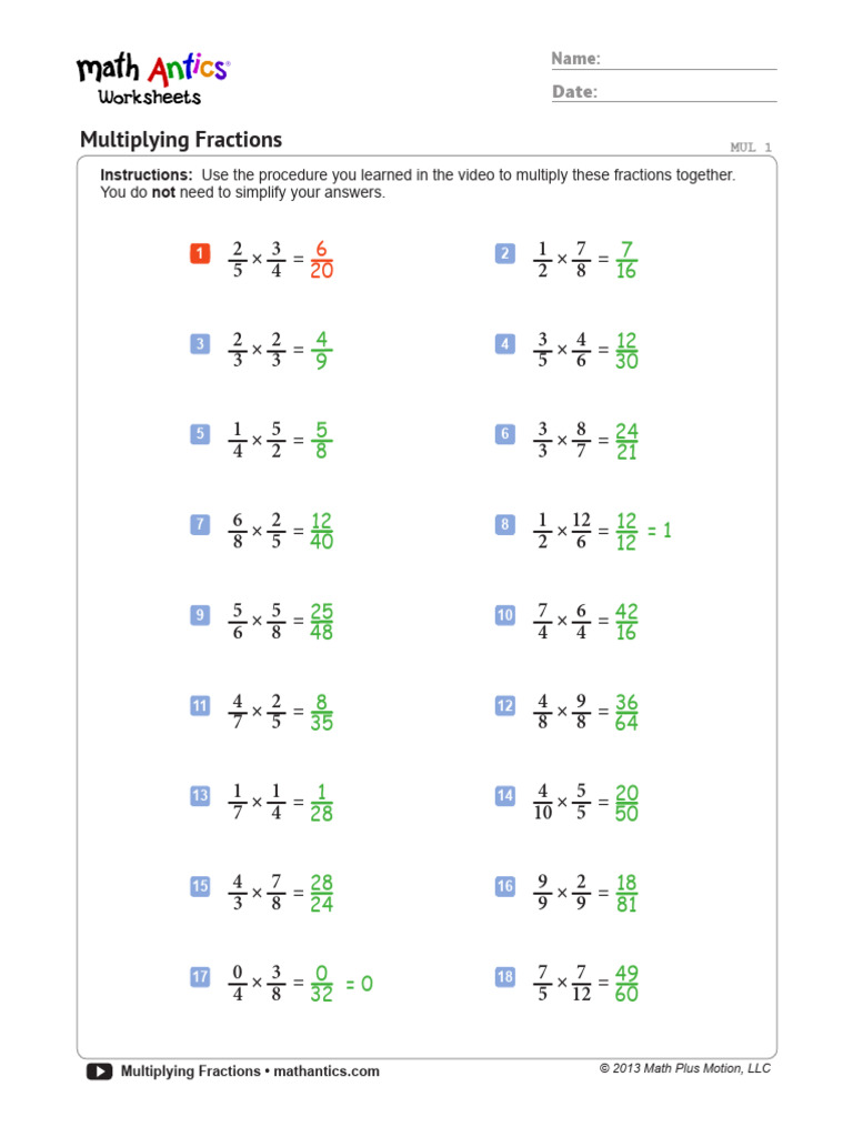 Worksheets MultiplyingFractions Answers | PDF | Mathematics | Arithmetic