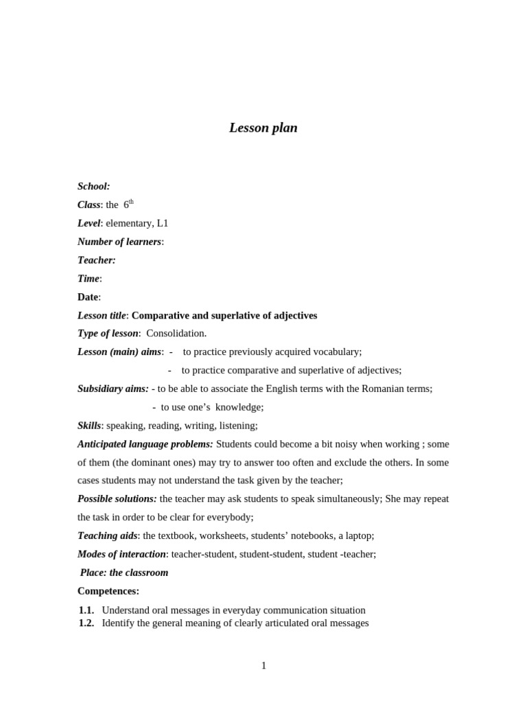 Lesson Plan A 6a Comparative and Superlative - Consolidation | PDF | Teachers | Lesson Plan