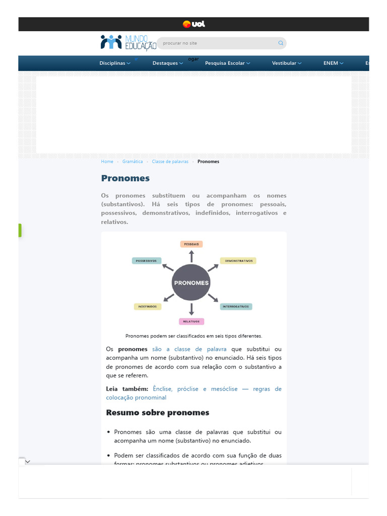 Pronomes - Quais São, Tipos, Exemplo, Resumo - Mundo Educação | PDF ...