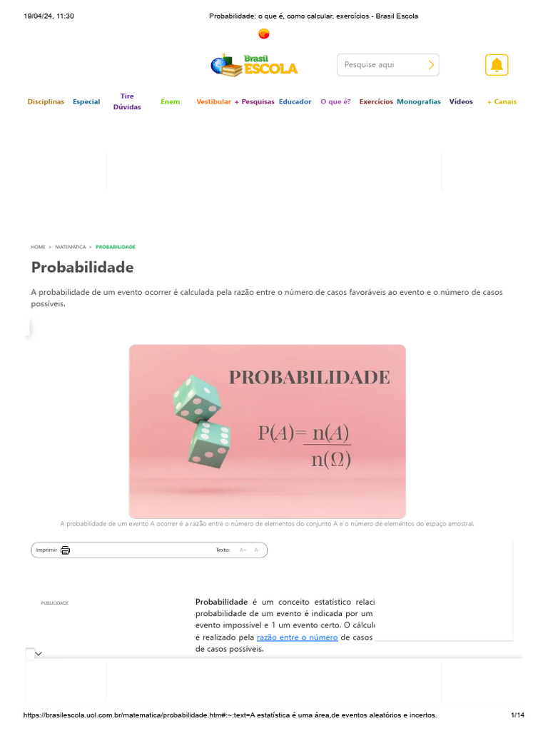 Probabilidade - o Que É, Como Calcular, Exercícios - Brasil Escola ...