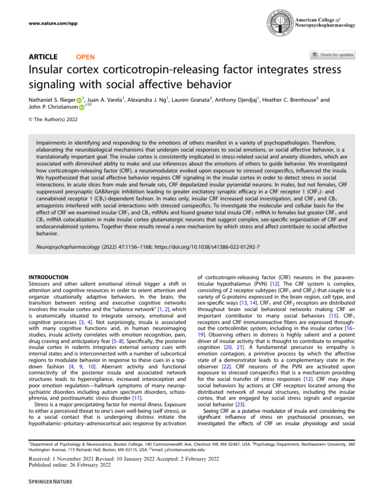 2022, Insular Cortex Corticotropin-Releasing Factor Integrates Stress ...
