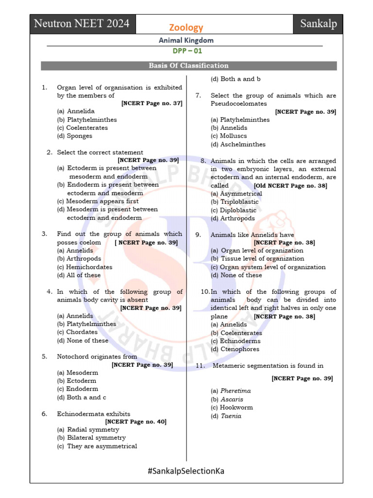 NEET Zoology DPP: Animal Kingdom | PDF | Zoology | Developmental Biology