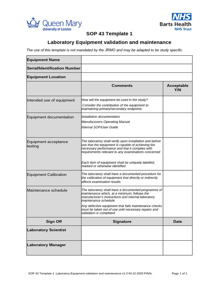 SOP 43 Template 3 Laboratory Equipment Validation and Maintenance v1.0 ... SOP 43 Template 3 Laboratory Equipment Validation and Maintenance v1.0 ...