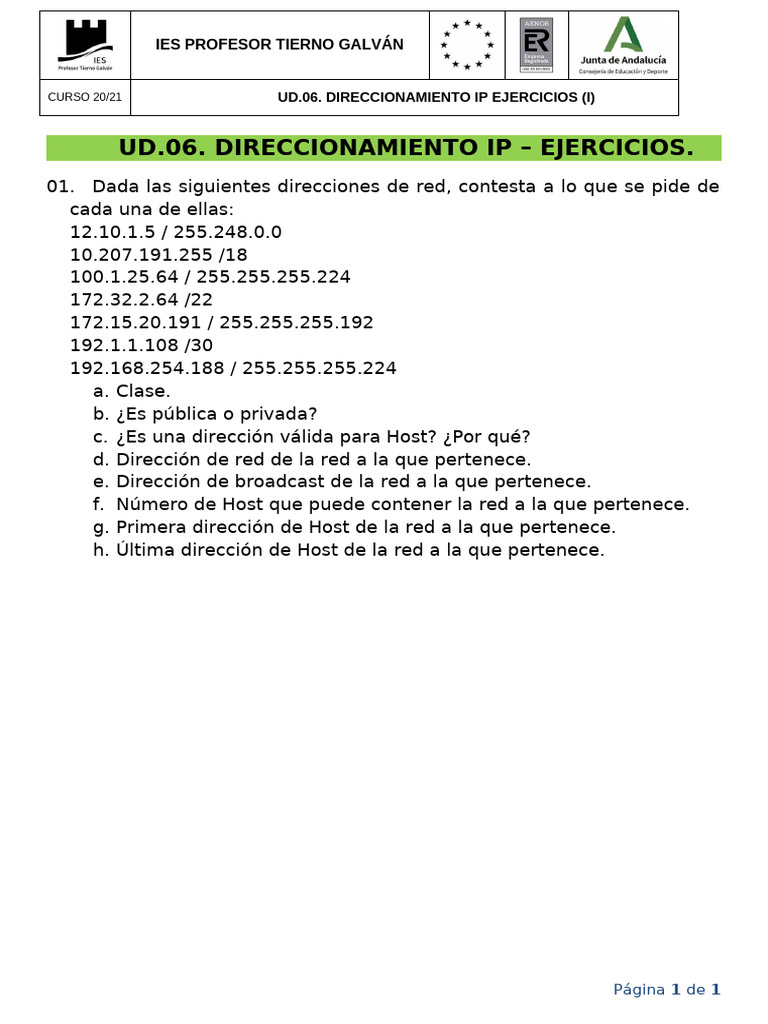 UD.06.Direccionamiento IP - Ejercicios (I) | PDF