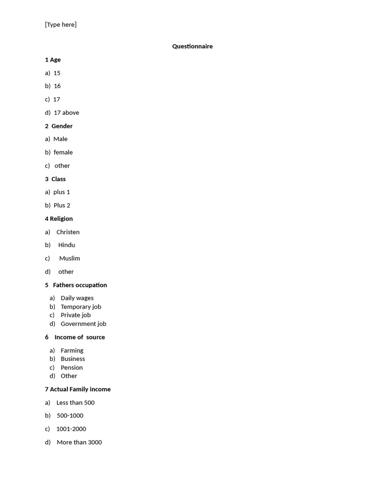 Questionnaire 1 | PDF | Anxiety | Psychology
