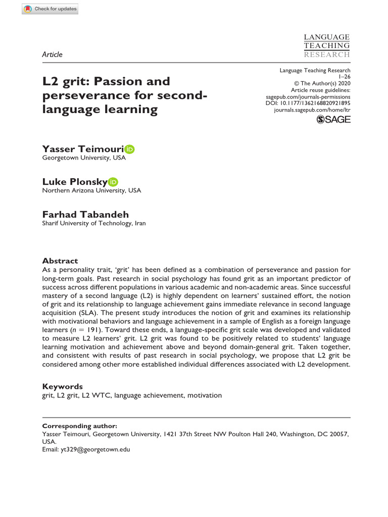 L2 Grit - Passion and Perseverance For Secondlanguage Learning | PDF ...