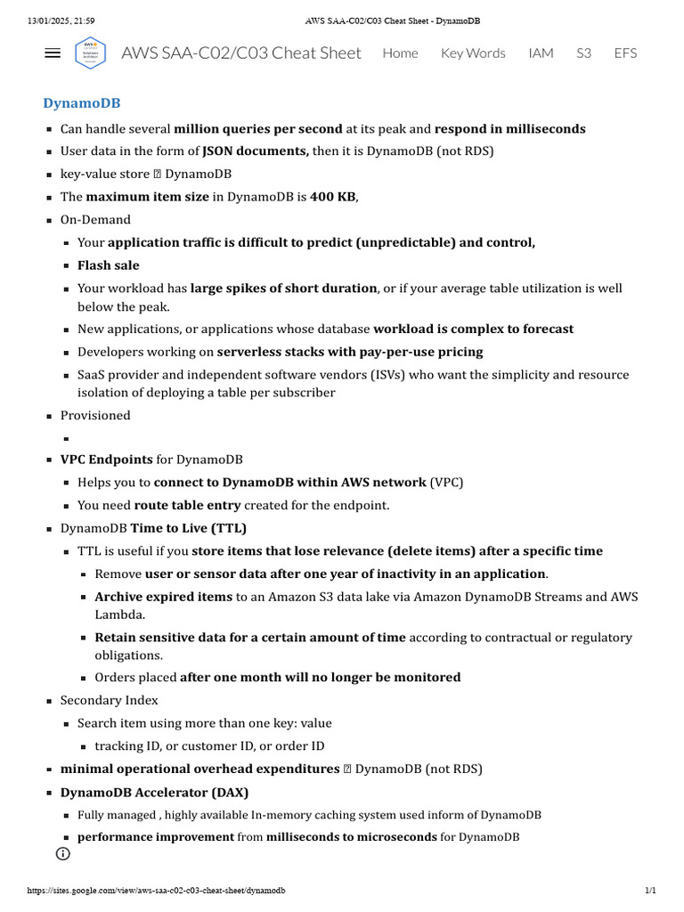 AWS SAA-C02_C03 Cheat Sheet - DynamoDB | PDF