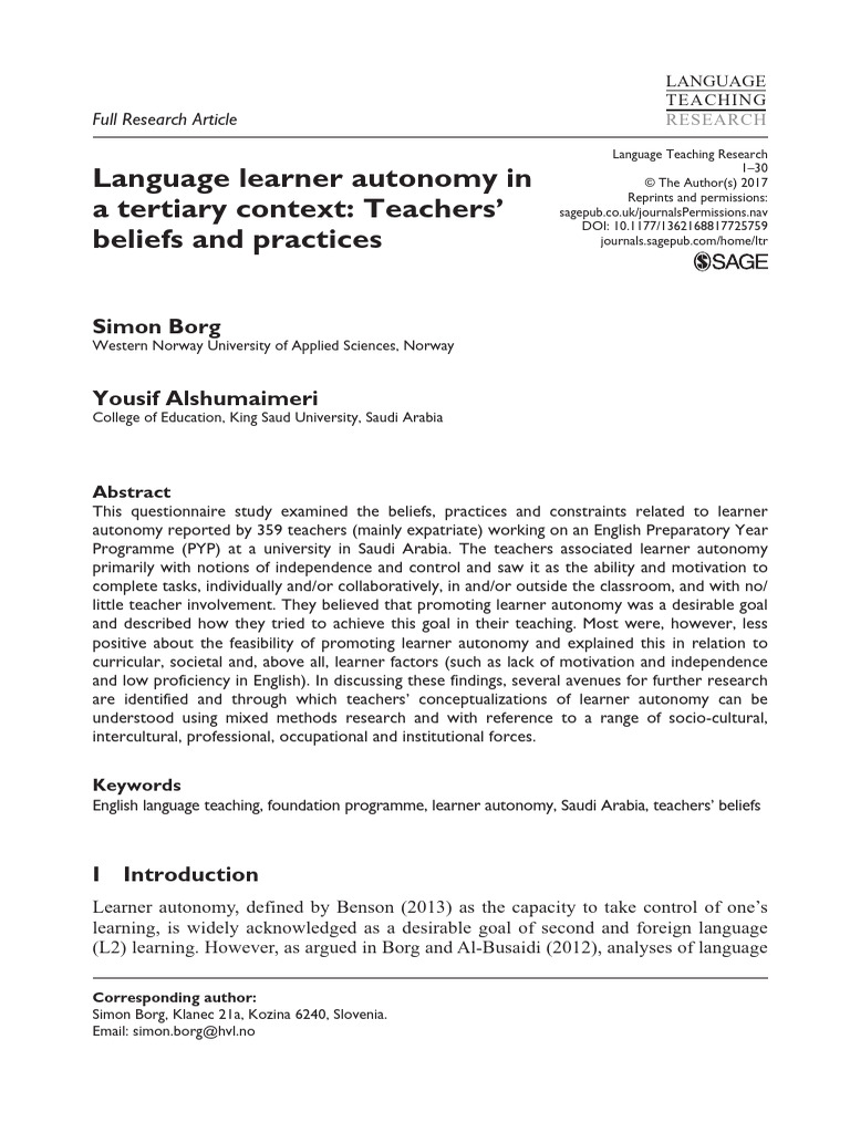 Language Learner Autonomy in A Tertiary Context - Teachers' Beliefs and ...
