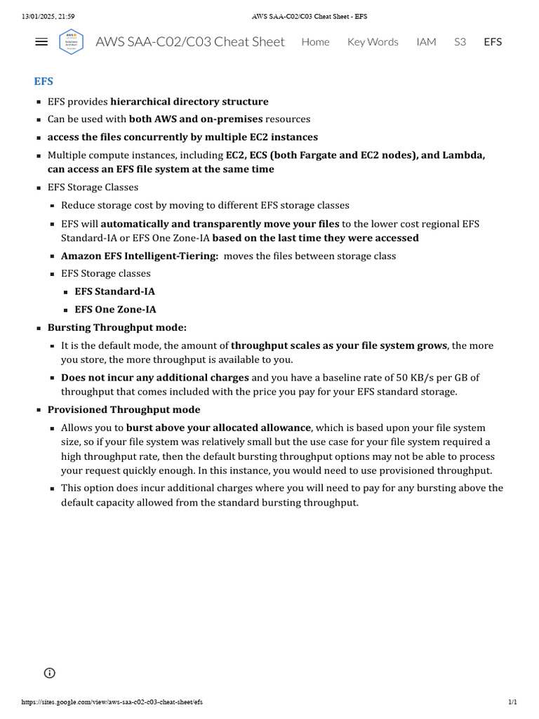 AWS SAA-C02 - C03 Cheat Sheet - EFS | PDF