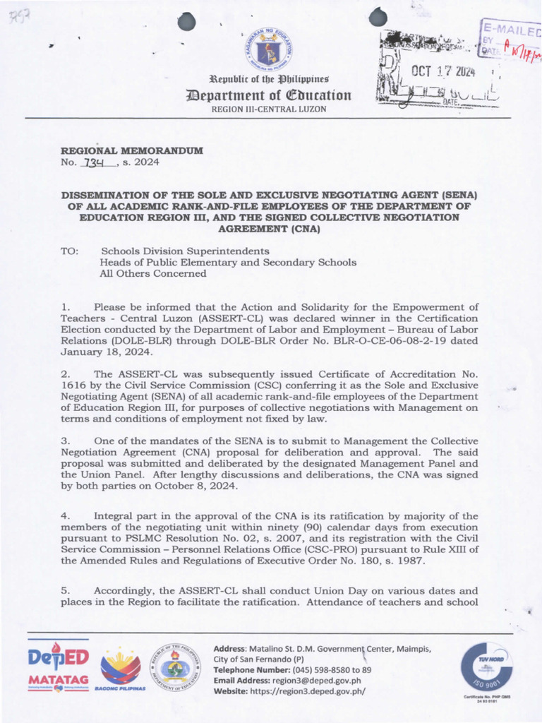RM No. 734 S. 2024 Dissemination of The Sole and Exclusive Negotiationg Agent Sena of All ...