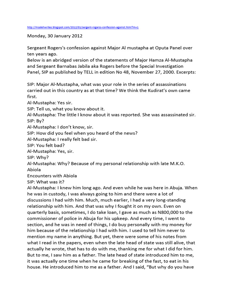 Oputa Panel. Sergeant Rogers's Confession Against Major Al Mustapha at ...