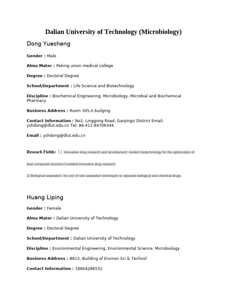 Dalian University of Technology Faculty List | PDF | Pharmacology | Biology