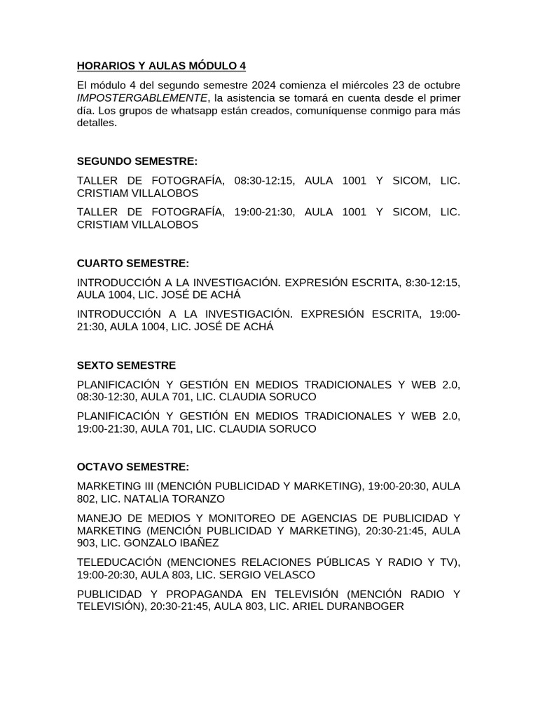 Horarios y Aulas Mod 4 2-2024 | PDF