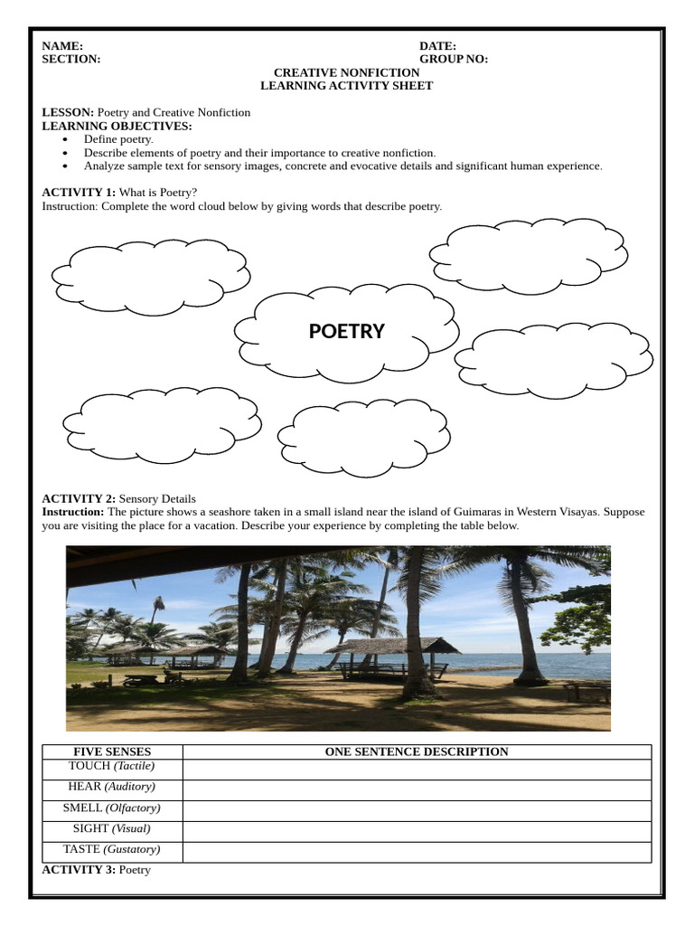 Poetry and Creative Nonfiction Activity | PDF | Senses | Cognitive Science