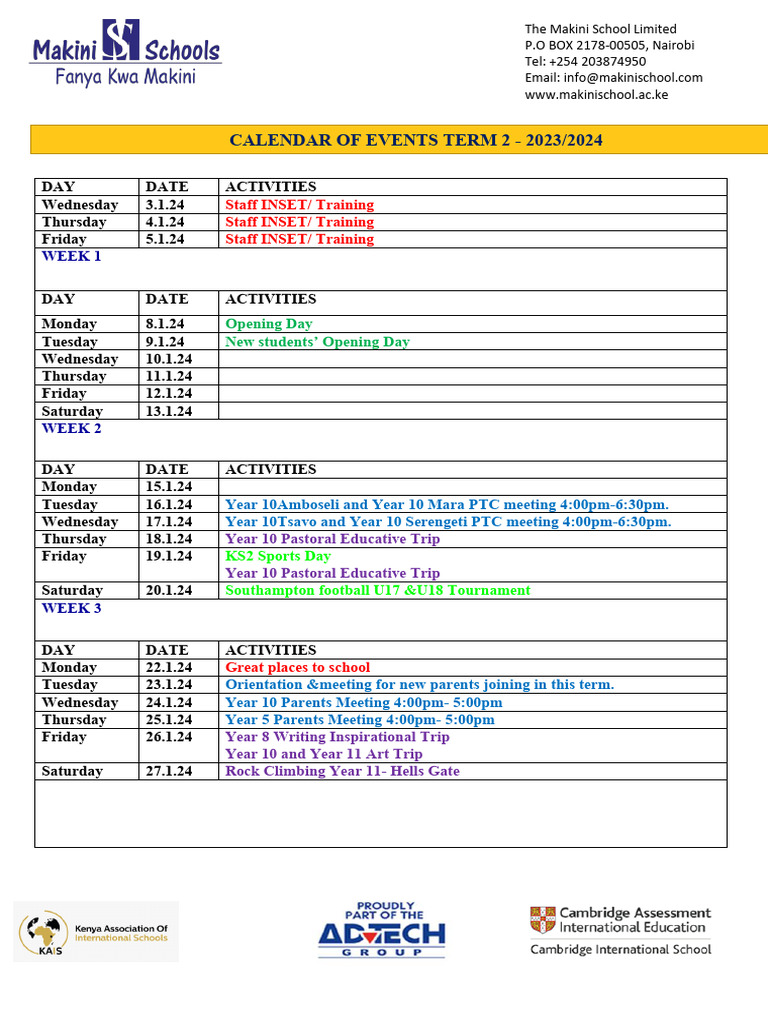 Makini School Calendar 2024 Events | PDF | Schools