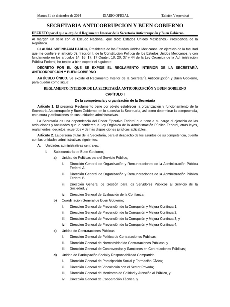DECRETO Expide Reglamento Interior de La Secretaria Anticorrupcion y ...