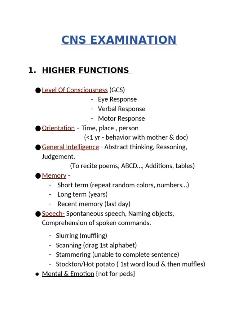 Cns Examination | PDF | Anatomical Terms Of Motion | Somatosensory System