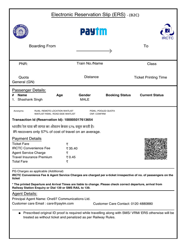 Indian Railways Electronic Reservation Slip | PDF | Identity Document