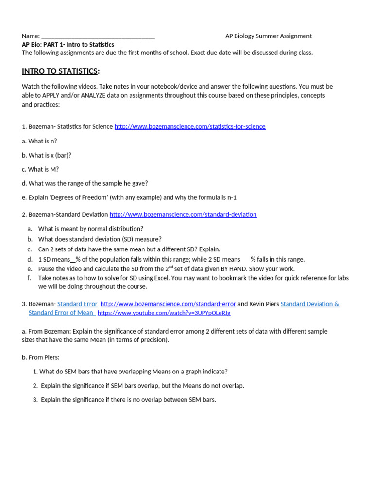 AP Biology: Intro to Statistics Assignment | PDF | Standard Deviation ...