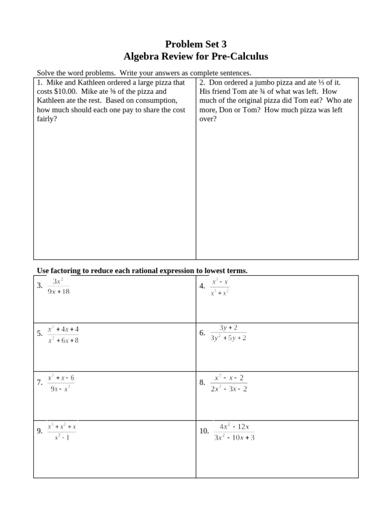 Algebra Review Problem Set 3 | PDF