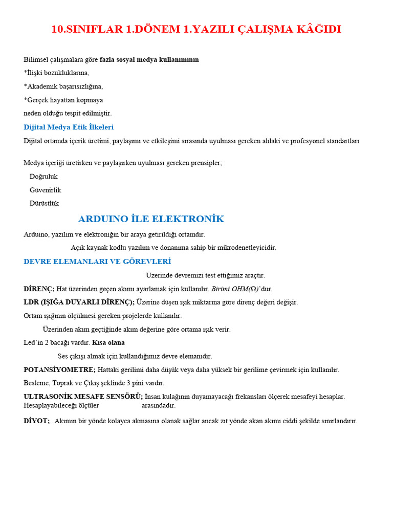 10.siniflar 1.donem 1.yazili Calisma Kagidi | PDF