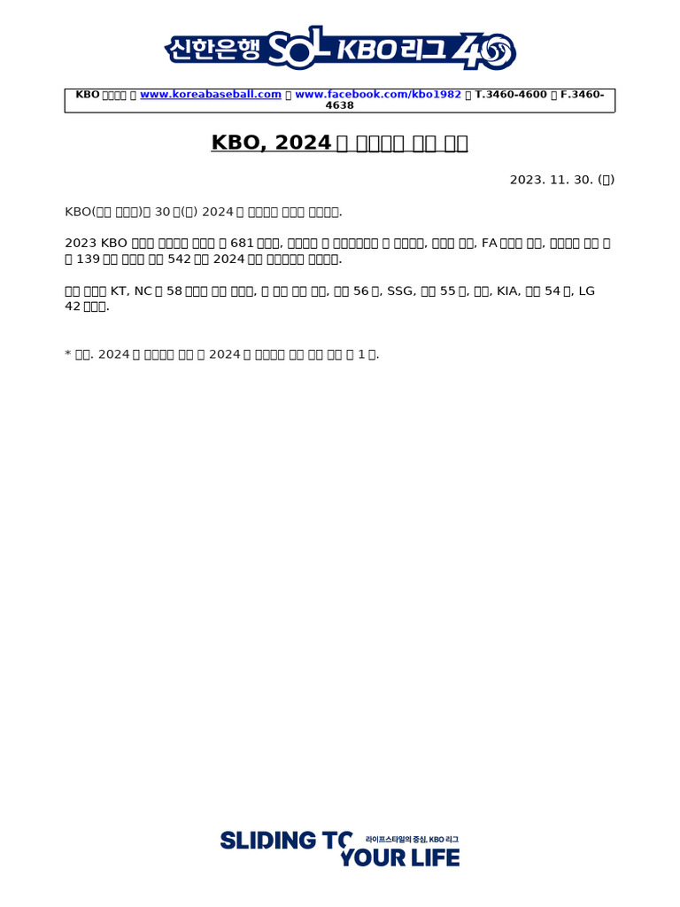 Kbo, 2024년 보류선수 명단 공시 | PDF
