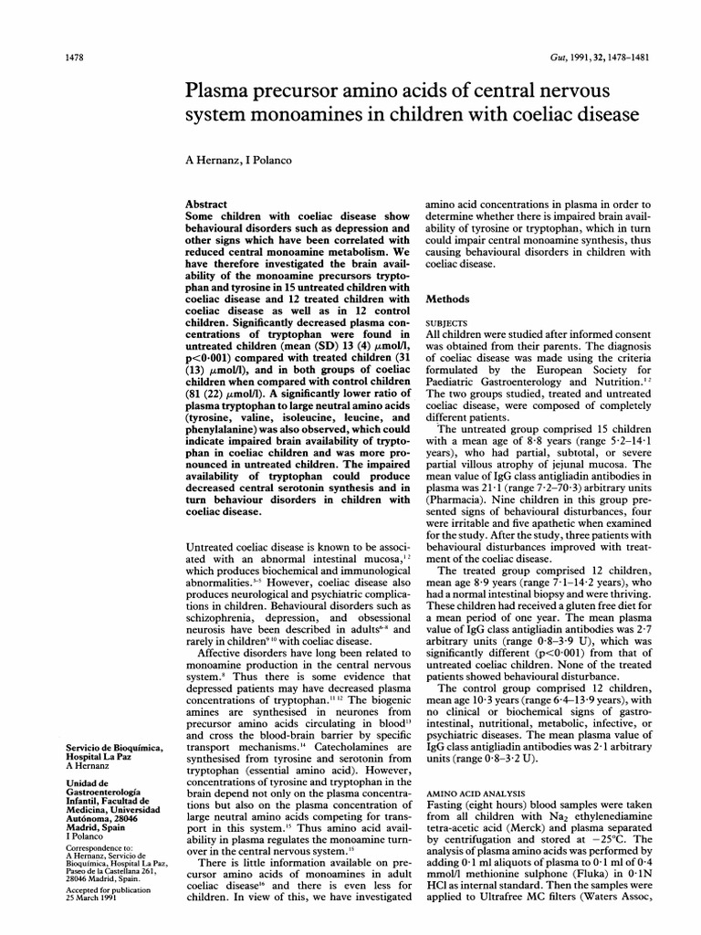 Plasma Precursor Amino Acids of Central Nervous System Monoamines in Children With Coeliac ...