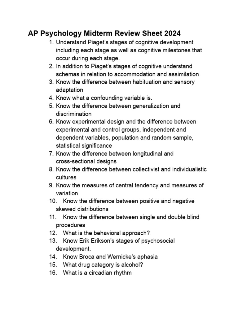 AP Psychology Midterm Review Sheet 2024 | PDF | Psychology | Autonomic ...