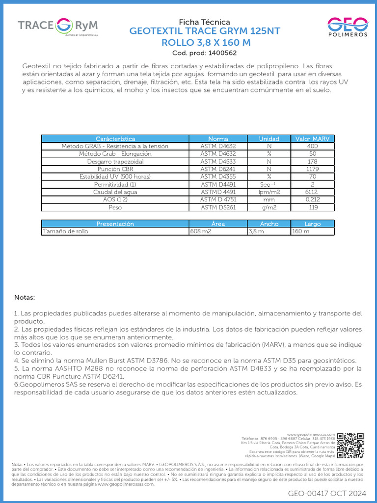 GEO-00417 Ficha Técnica GEOTEXTIL TRACE GRYM 125NT ROLLO 3,8 X 160 M | PDF | Materiales