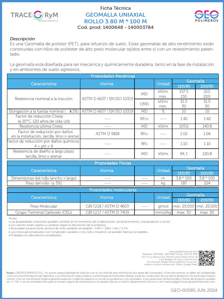 GEO-00585 Ficha Tecnica GEOMALLA UNIAXIAL 150 - 200 | PDF | Materiales | Ciencias fisicas