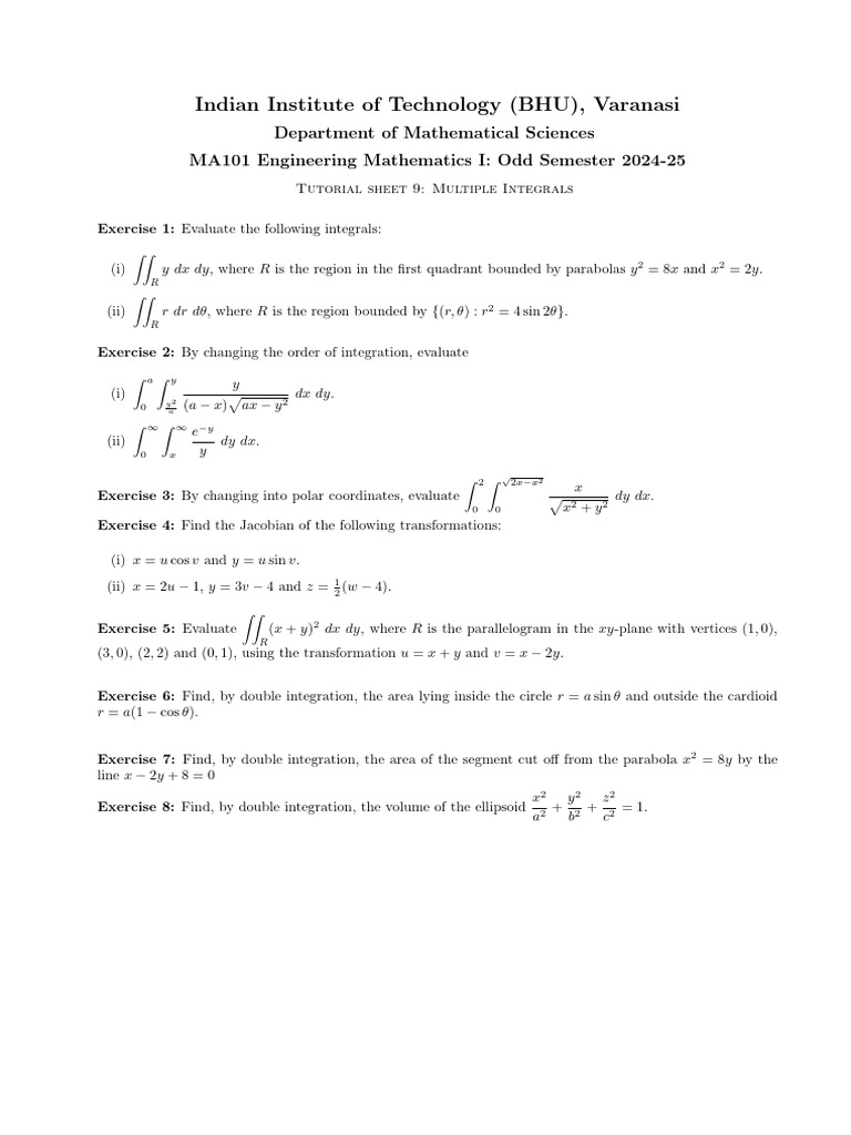 Multiple Integrals Tutorial - MA101 | PDF