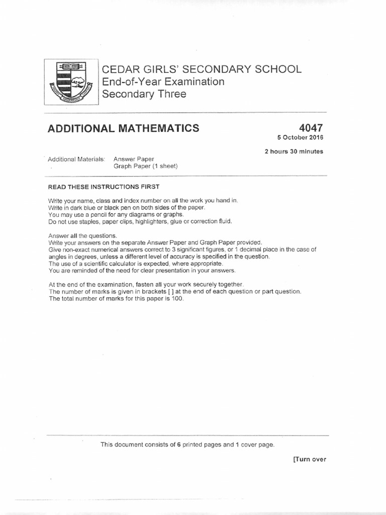 2016 Sec 3 A-Maths SA2 Cedar Girls' Secondary School | PDF