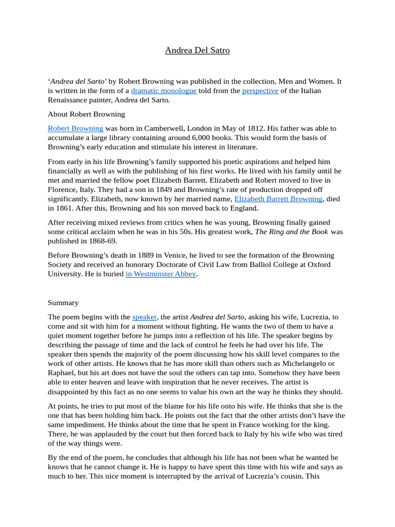 Analysis of Browning's Andrea del Sarto | PDF | Robert Browning
